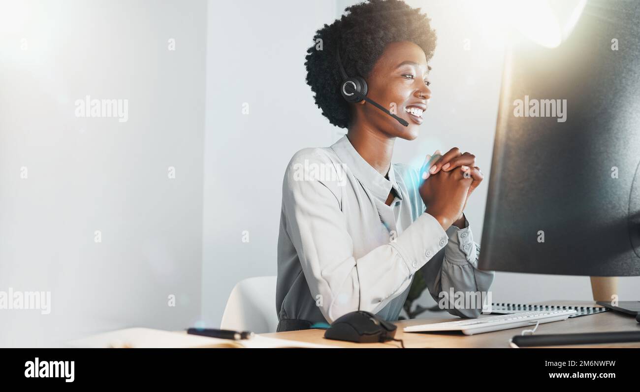 Call center, black woman and smile with headphones, office and customer ...