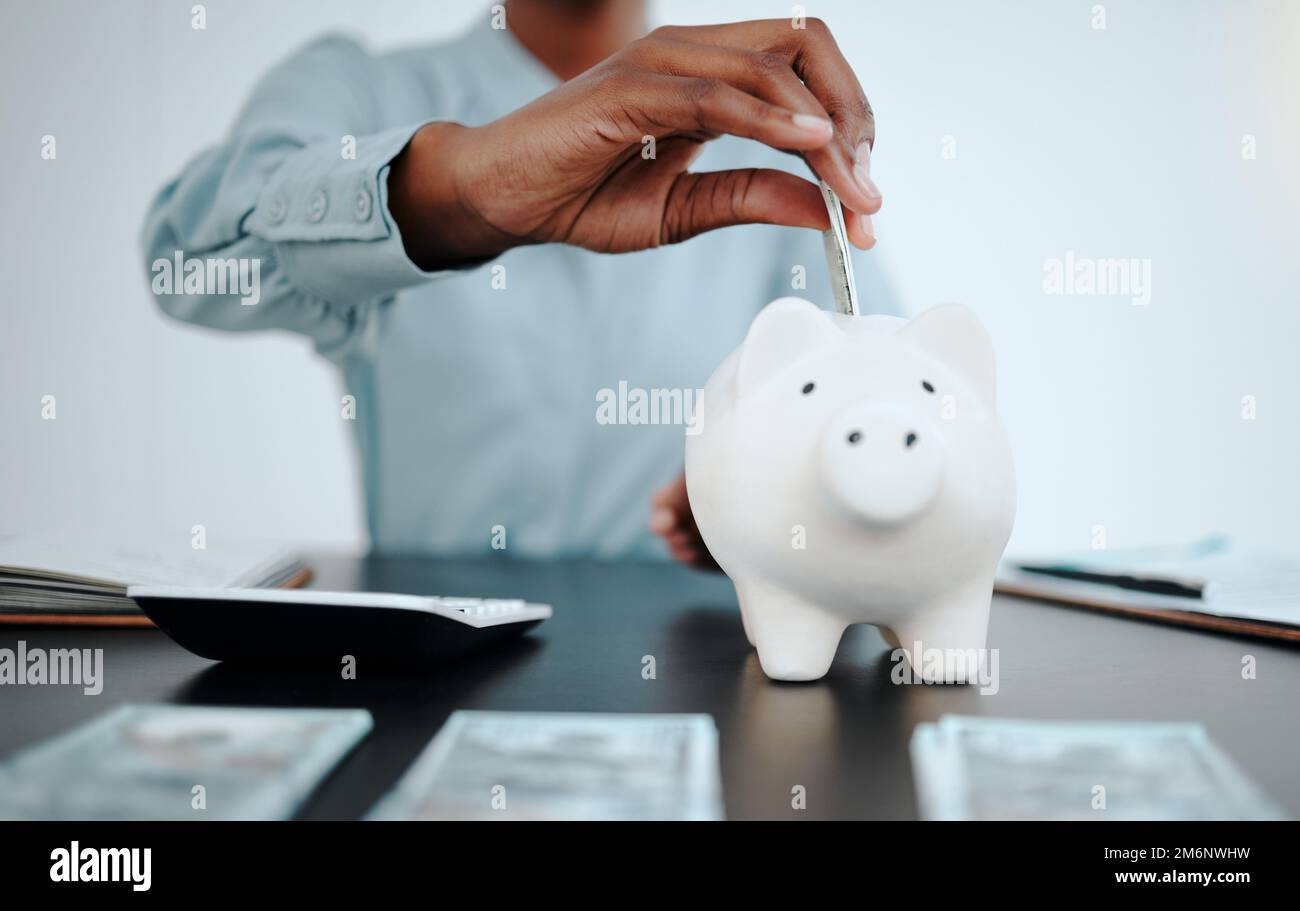 Savings money, piggybank and hands of woman, administration accountant ...