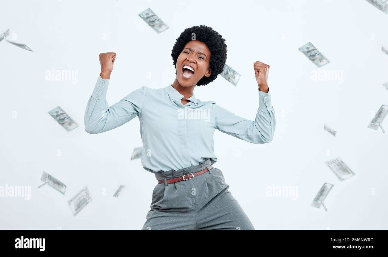 Money win, success and black woman excited about finance freedom ...