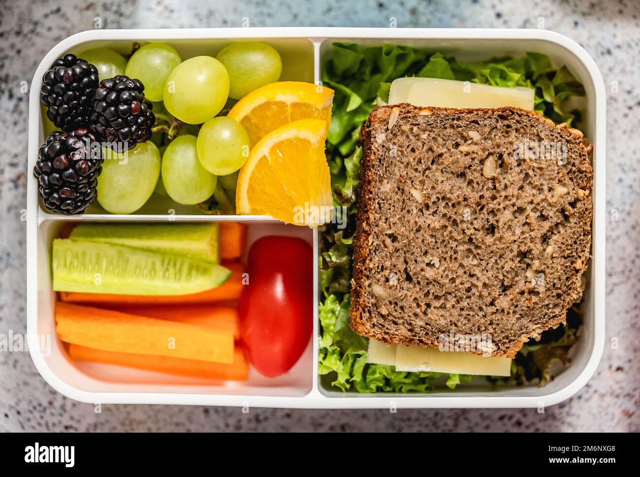 Green school lunch box with sandwich, fresh fruits, cucumber and carrot ...