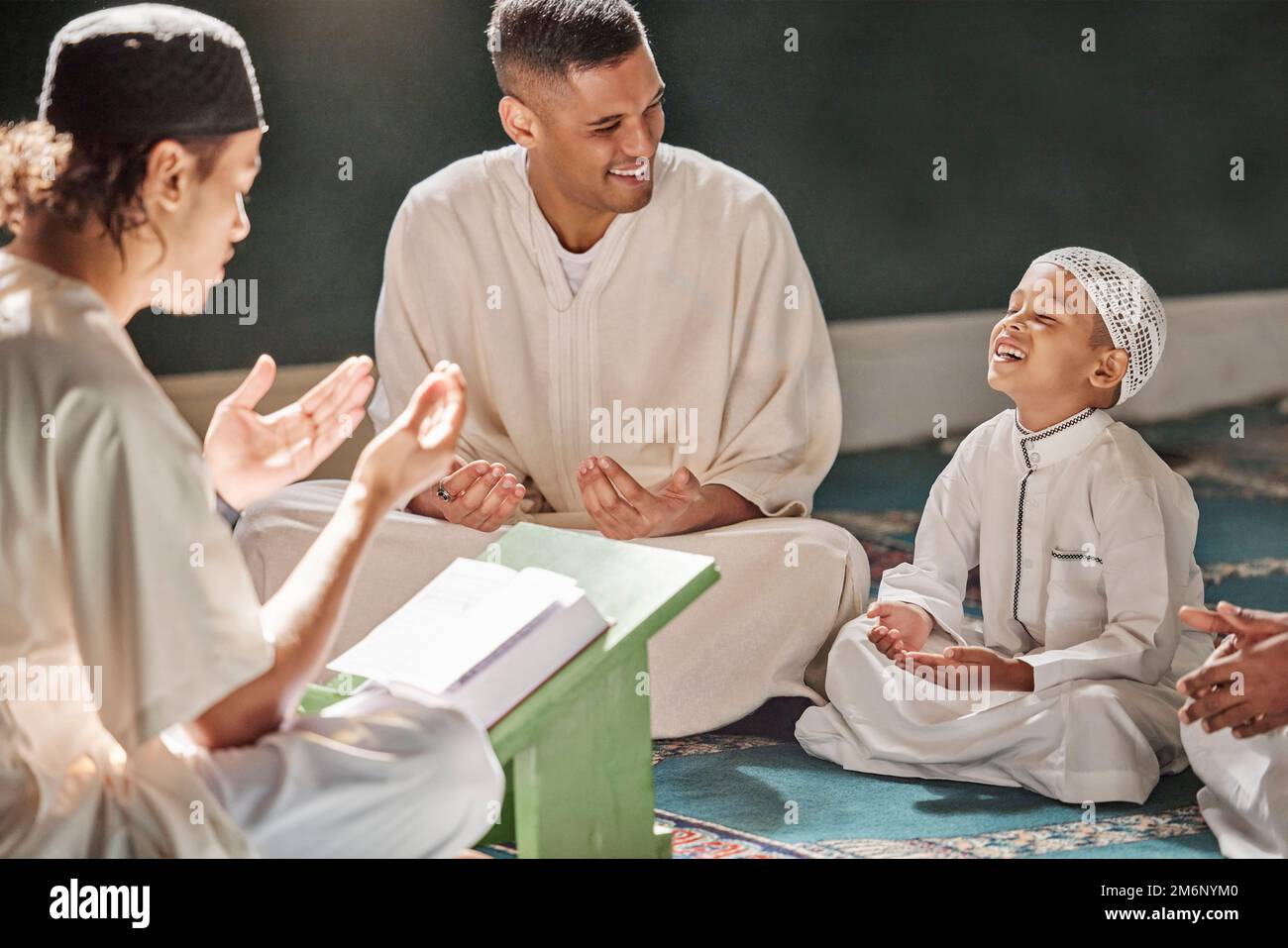 Muslim child, mosque and quran with teacher for spiritual learning ...
