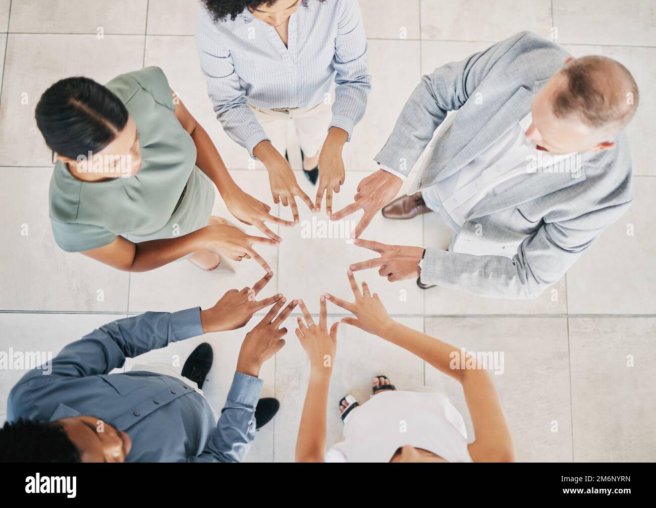 Peace, hands and top view of team building, business people and support ...