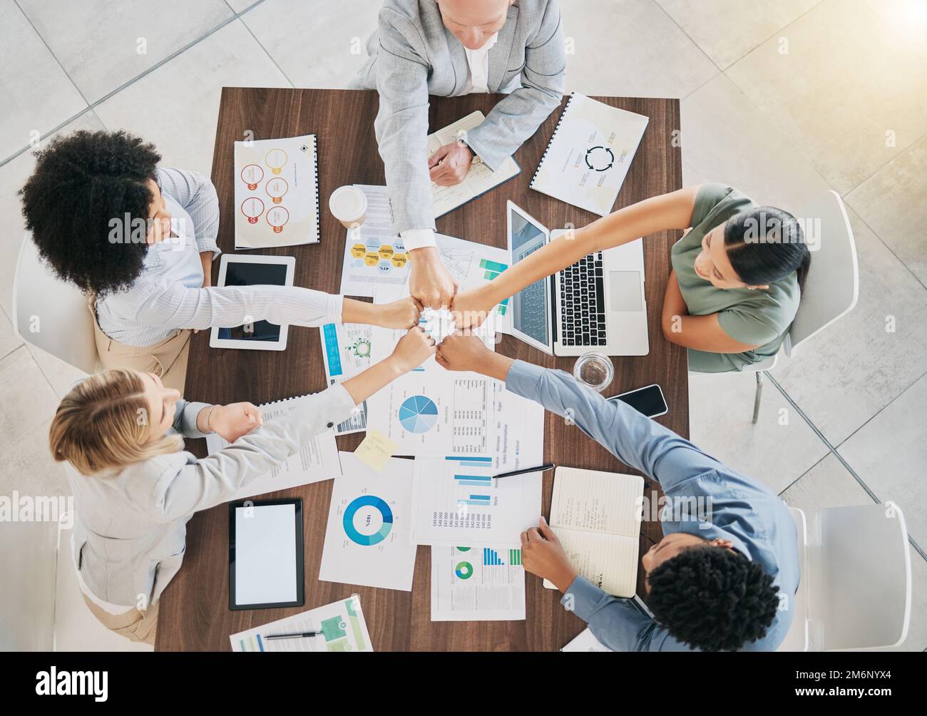 Business people, hands and top view success of team celebration ...