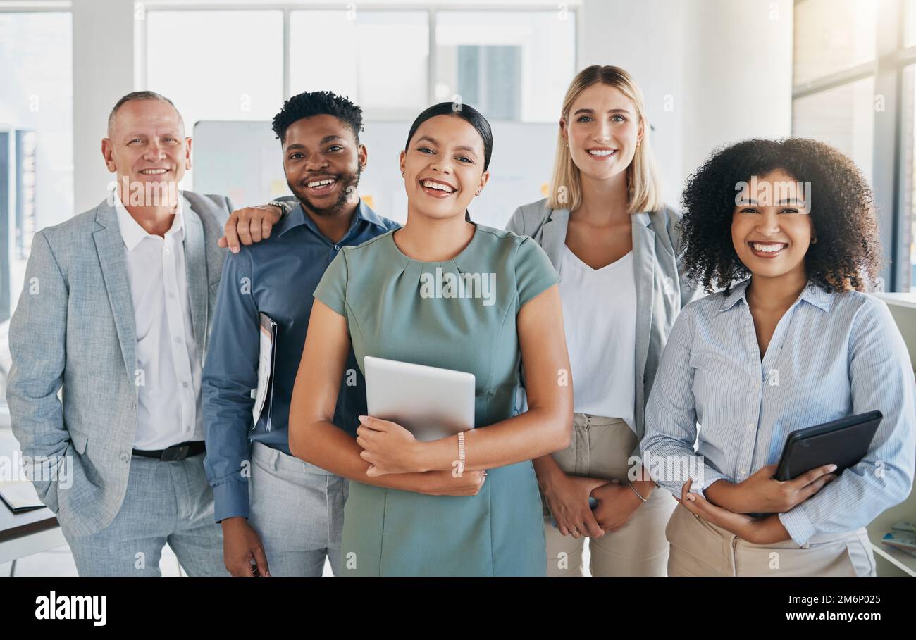 Portrait, happy or business people in a digital agency in an office ...