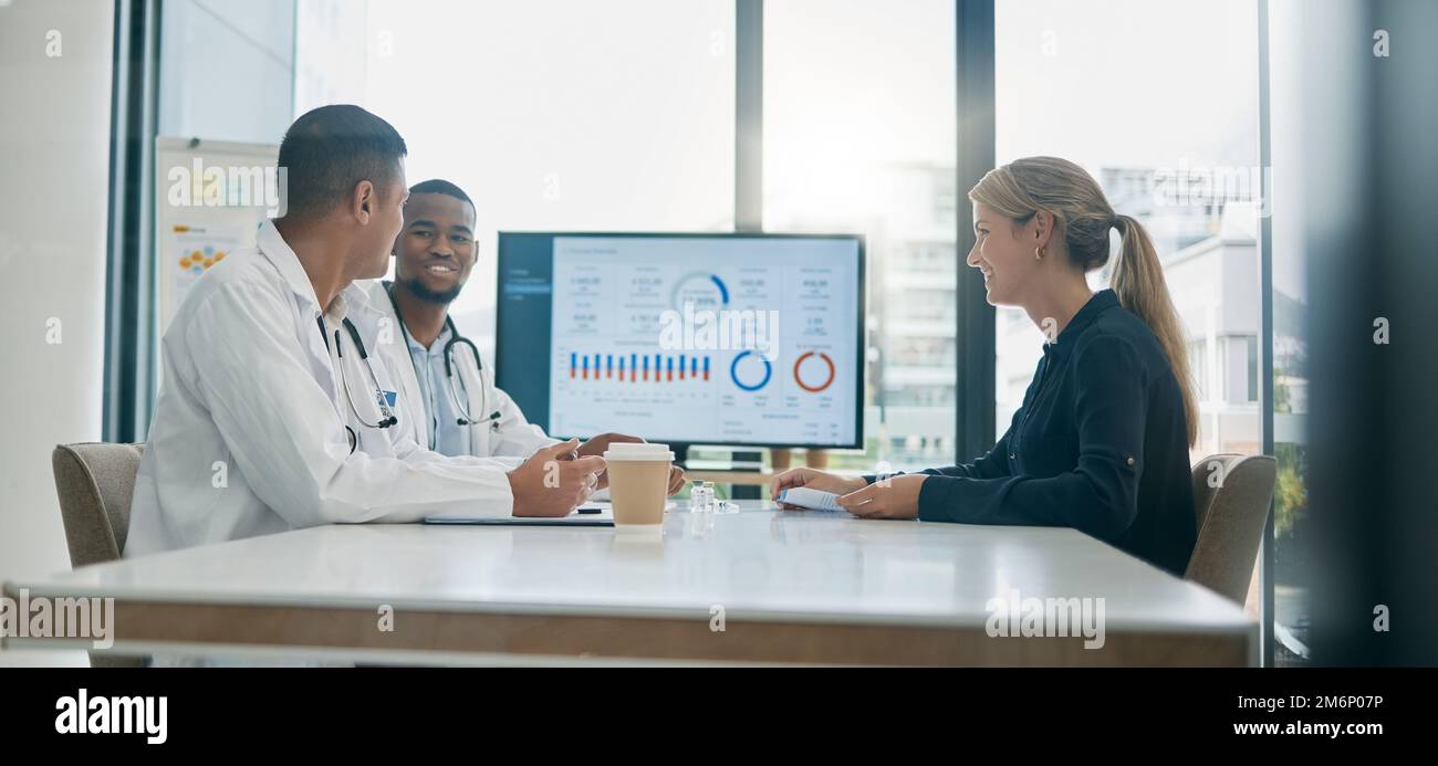 Teamwork, consulting and doctors with patient in hospital in meeting ...