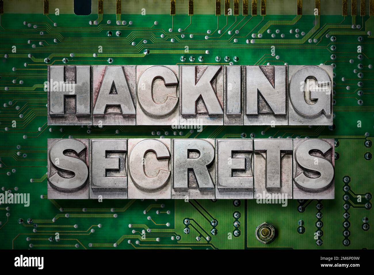 hacking secrets phrase made from metallic letterpress blocks on the pc ...