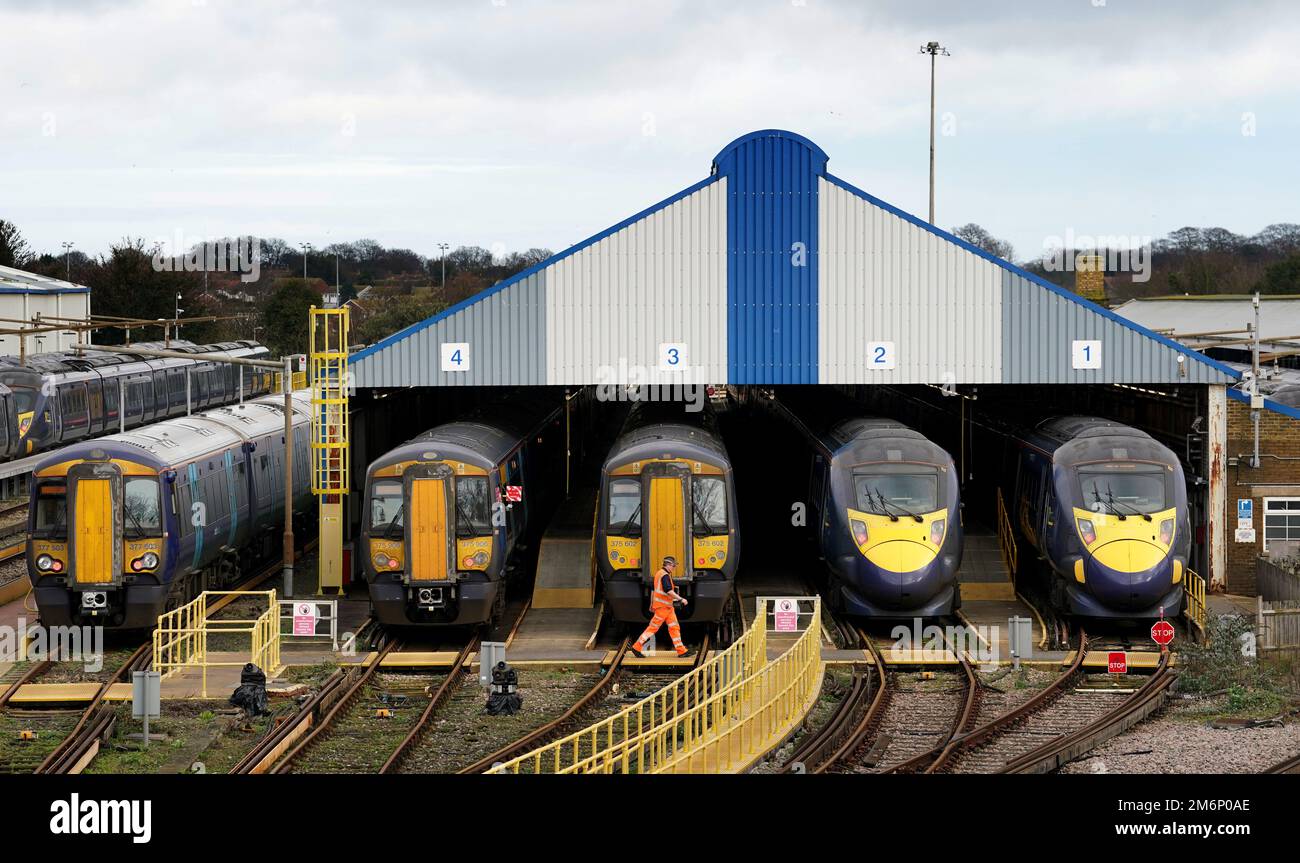 Southeastern trains in sidings at Ramsgate station in Kent during a ...