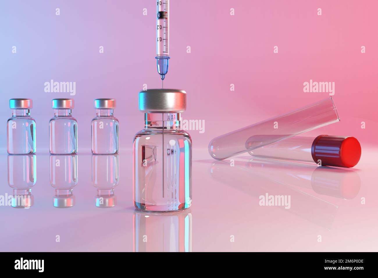 Syringe is being used to extract vaccine from a vial with other phials ...