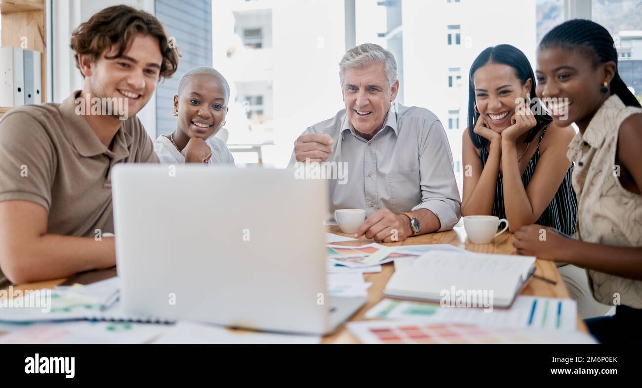 Laptop, online meeting and team speaking to their colleague on a video ...