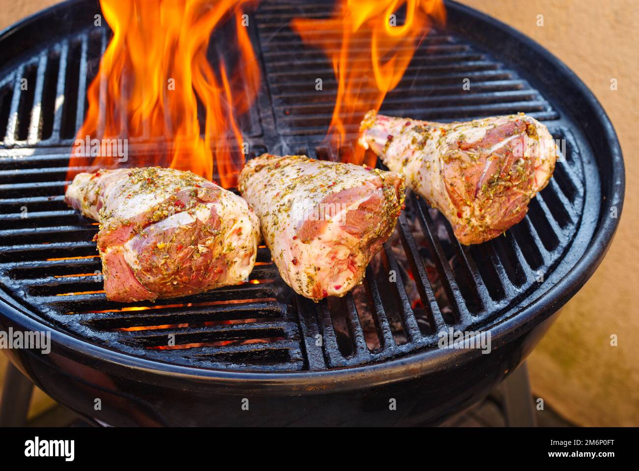 Raw traditional barbecue lamb shank grilled as close-up on a charcoal ...