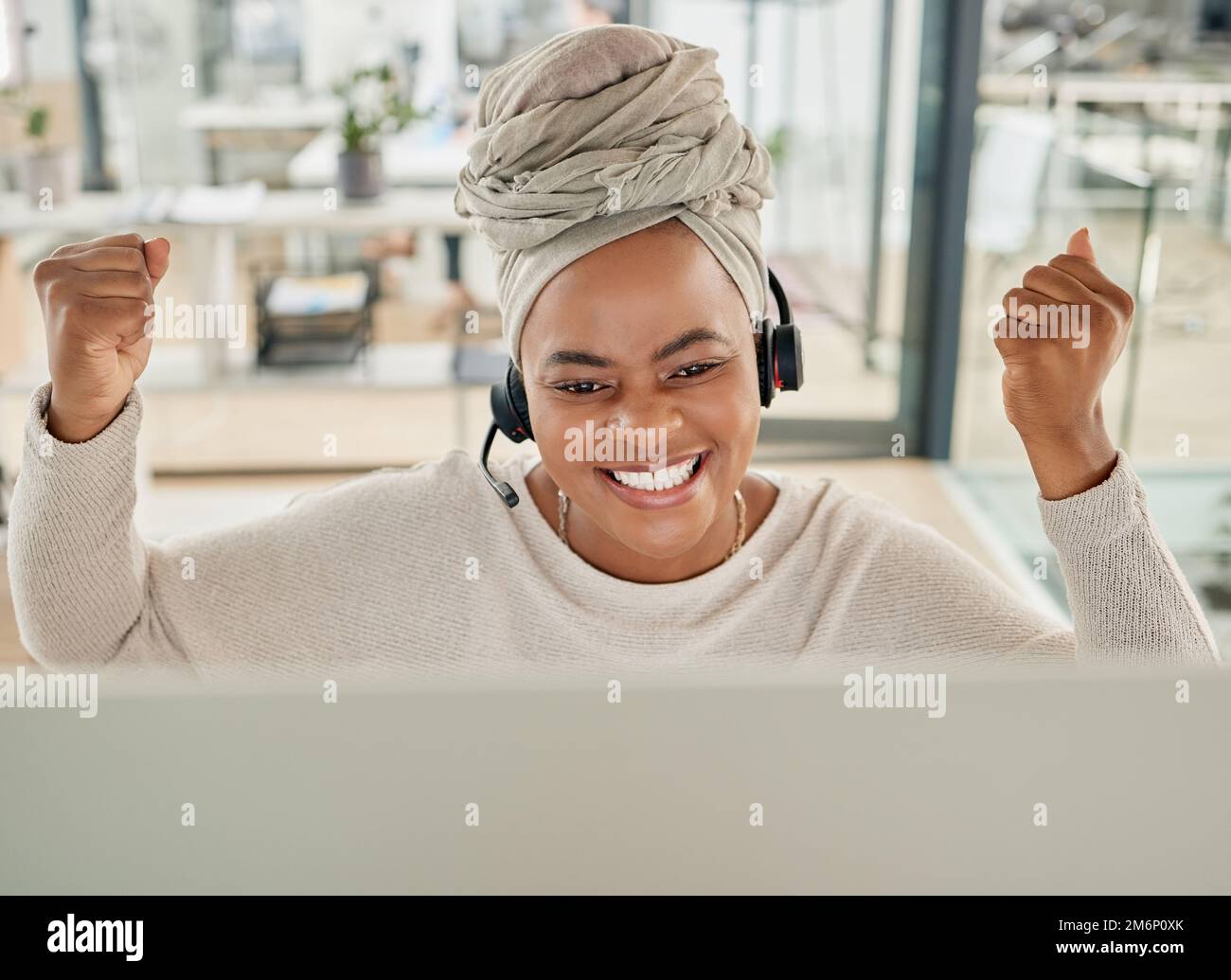 Black woman, success fist or call center computer in telemarketing deal ...