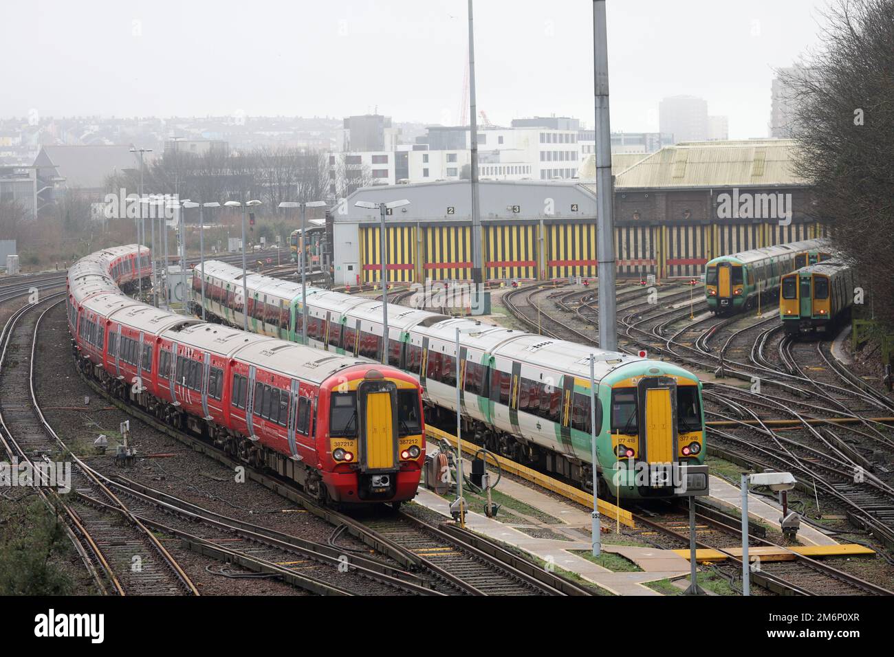 Brighton, UK. 5th Jan, 2023. Empty trains and carriages parked in ...