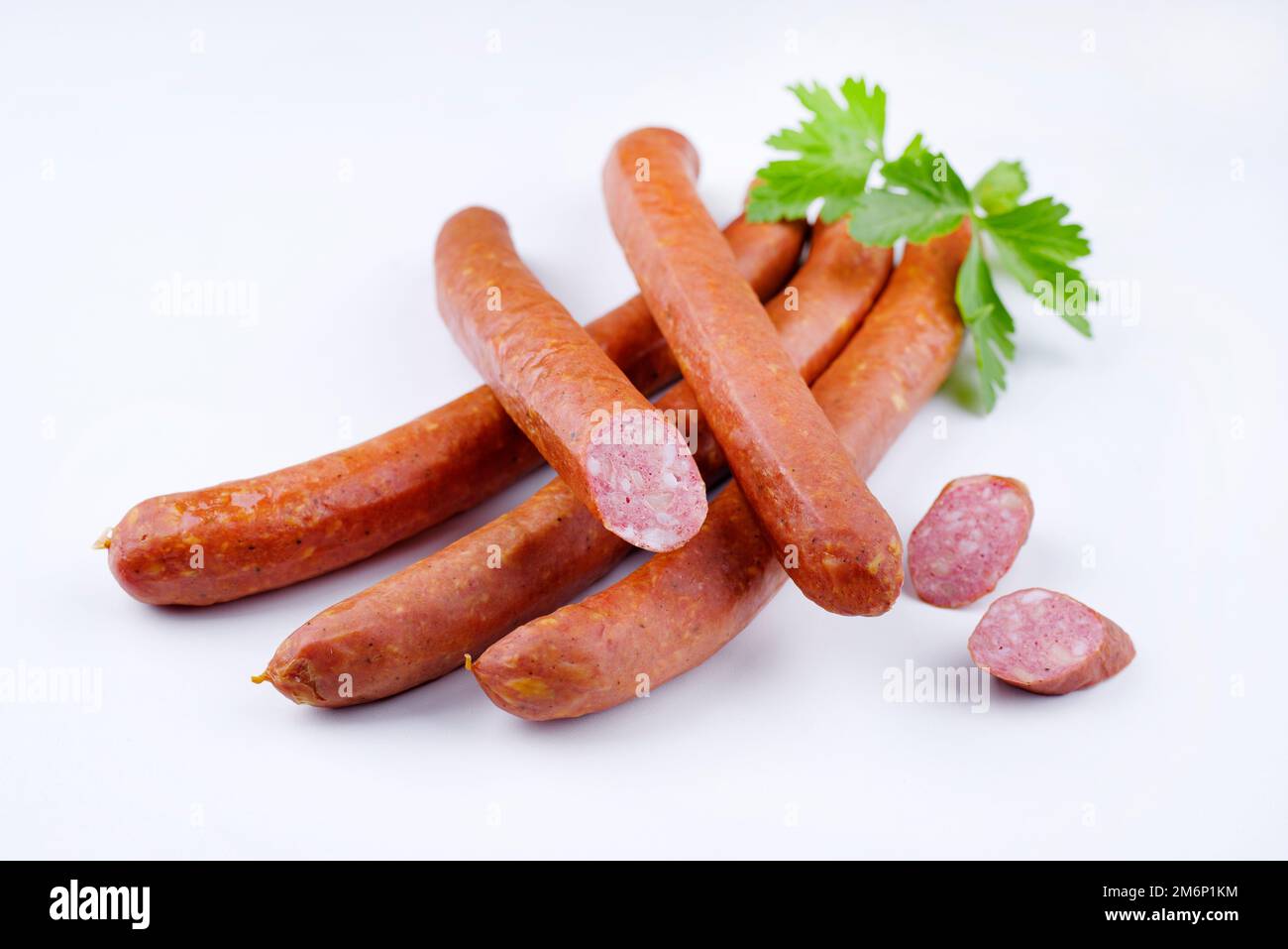 Traditional raw Austrian fine cheese sausage with cheese offered as ...