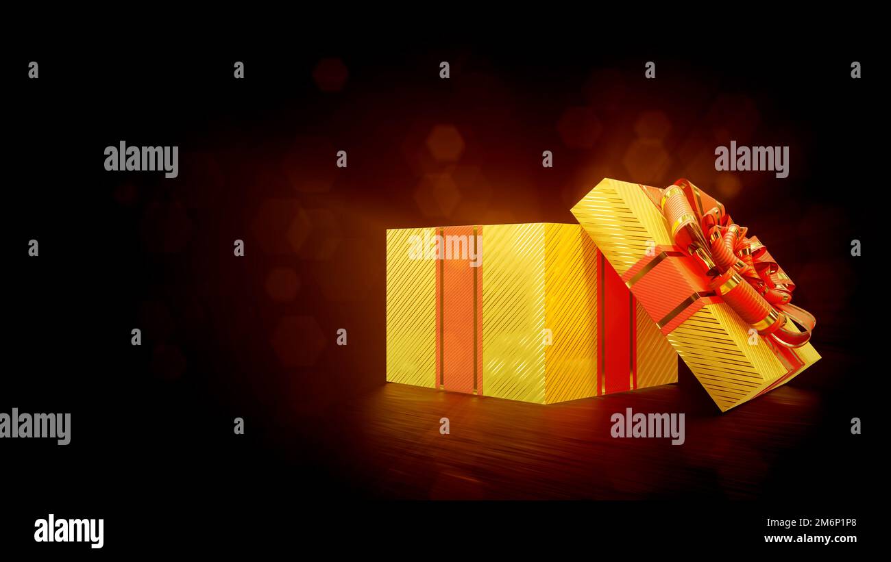 lighting opened gold and red gift box on dark backdrop - object 3D ...