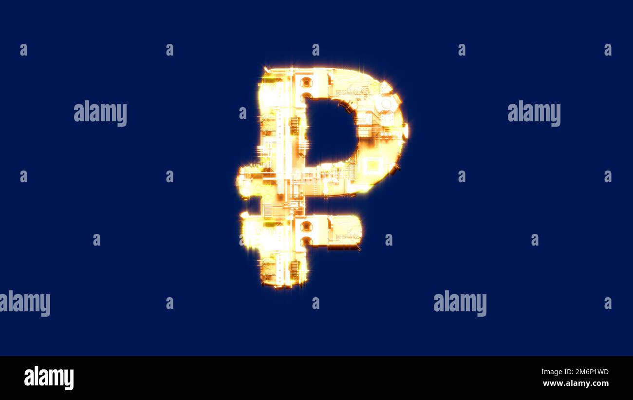 rouble sign, technological burning orange cyberpunk font on blue screen ...