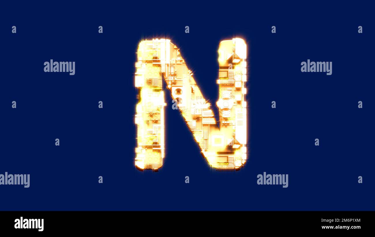 letter N, technological blazing orange cyber punk alphabet on blue ...