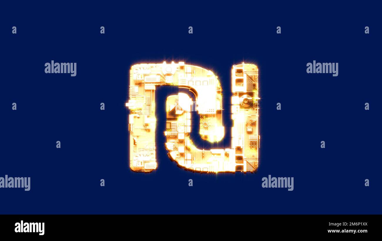 shekel sign, innovation burning orange cyberpunk alphabet on blue ...