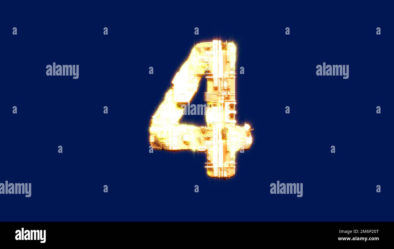number 4, futuristic blazing orange cyberpunk alphabet on chroma key ...
