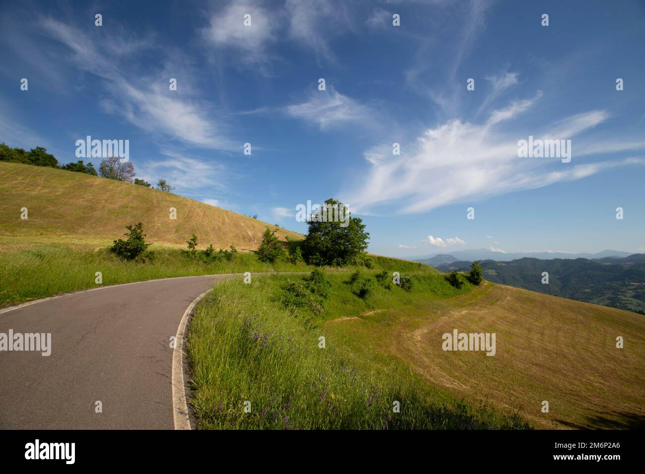 landscape of the Tuscan-Emilian Apennines with road and autumn foliage ...