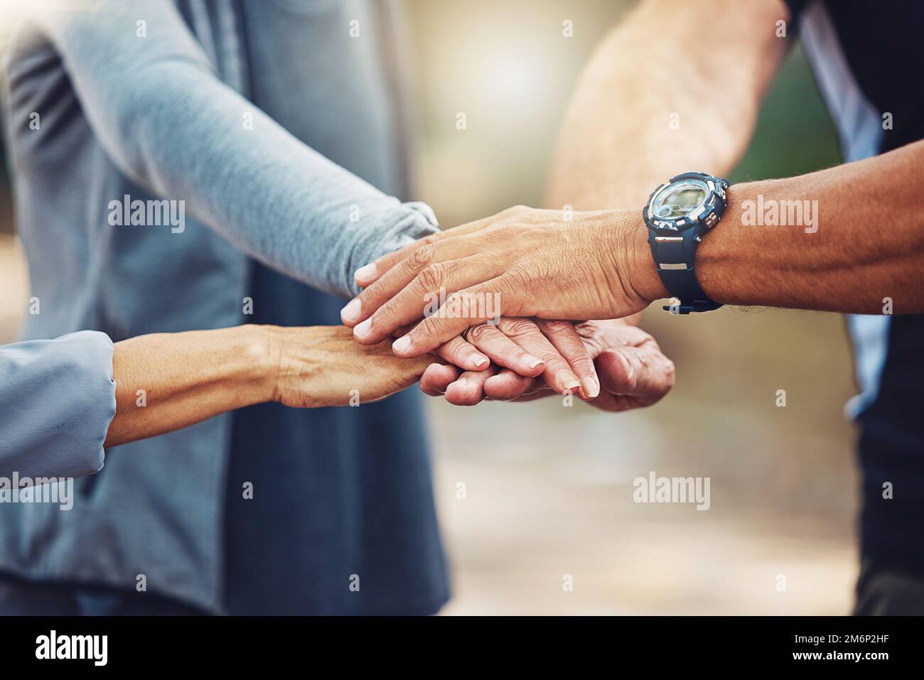 Hands, group and fitness target for wellness, health and results in ...