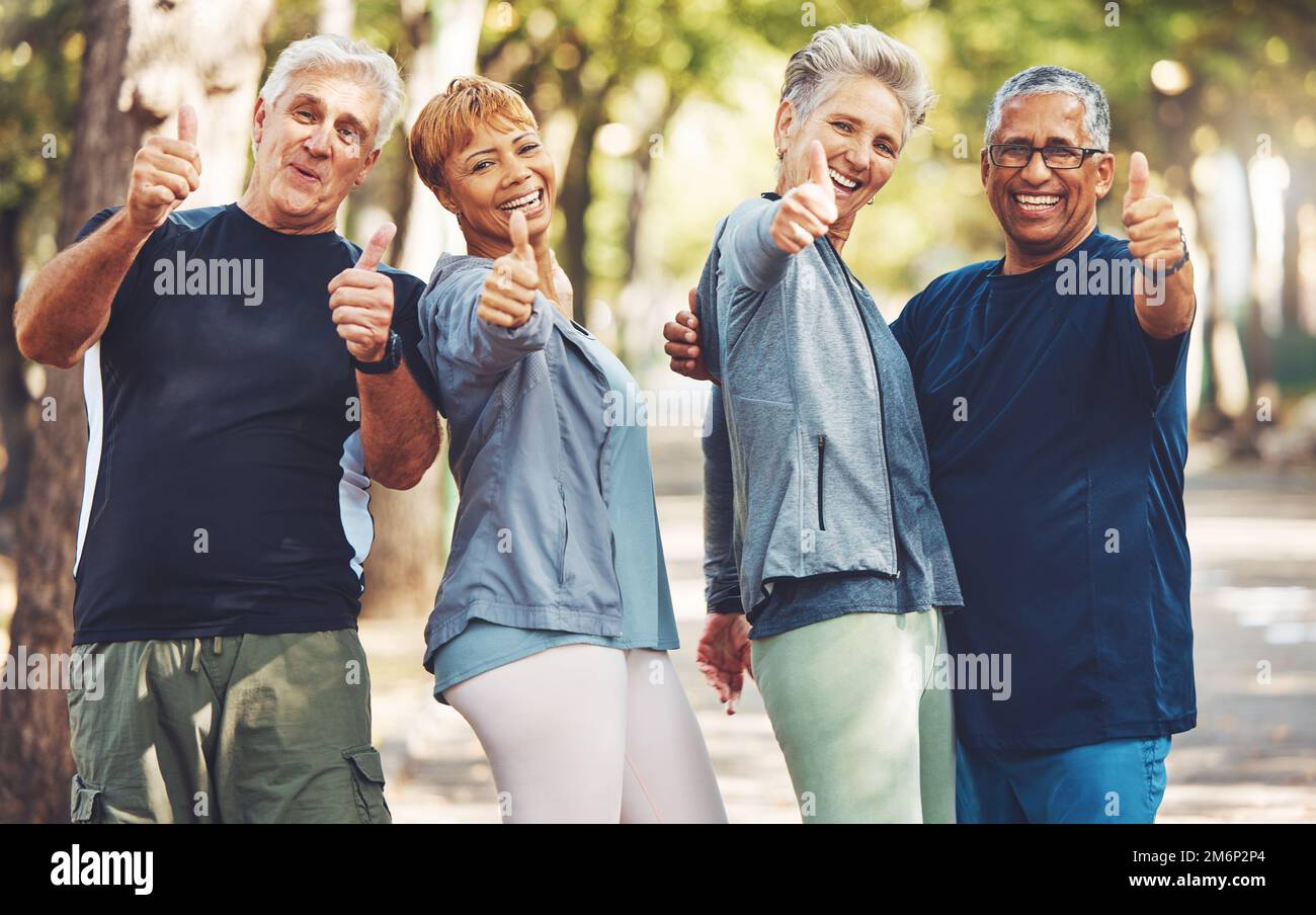 Senior fitness group, thumbs up and portrait with smile, diversity and ...