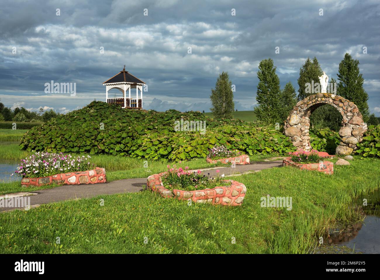 Park near catholic Church of St. Anne in the village of Mosar, Belarus ...