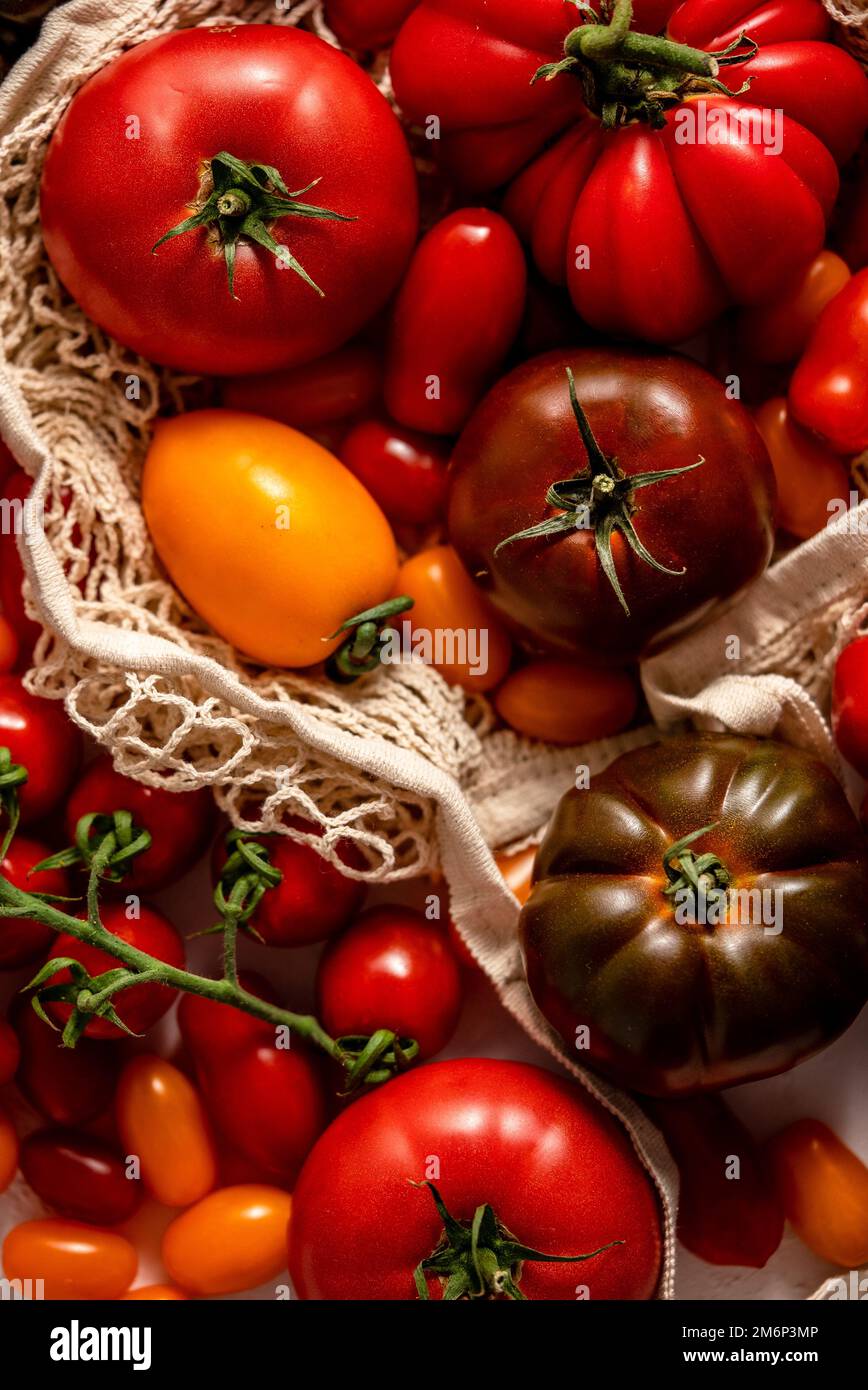 Fresh, raw and colorful tomatoes of different sizes and kinds in eco ...
