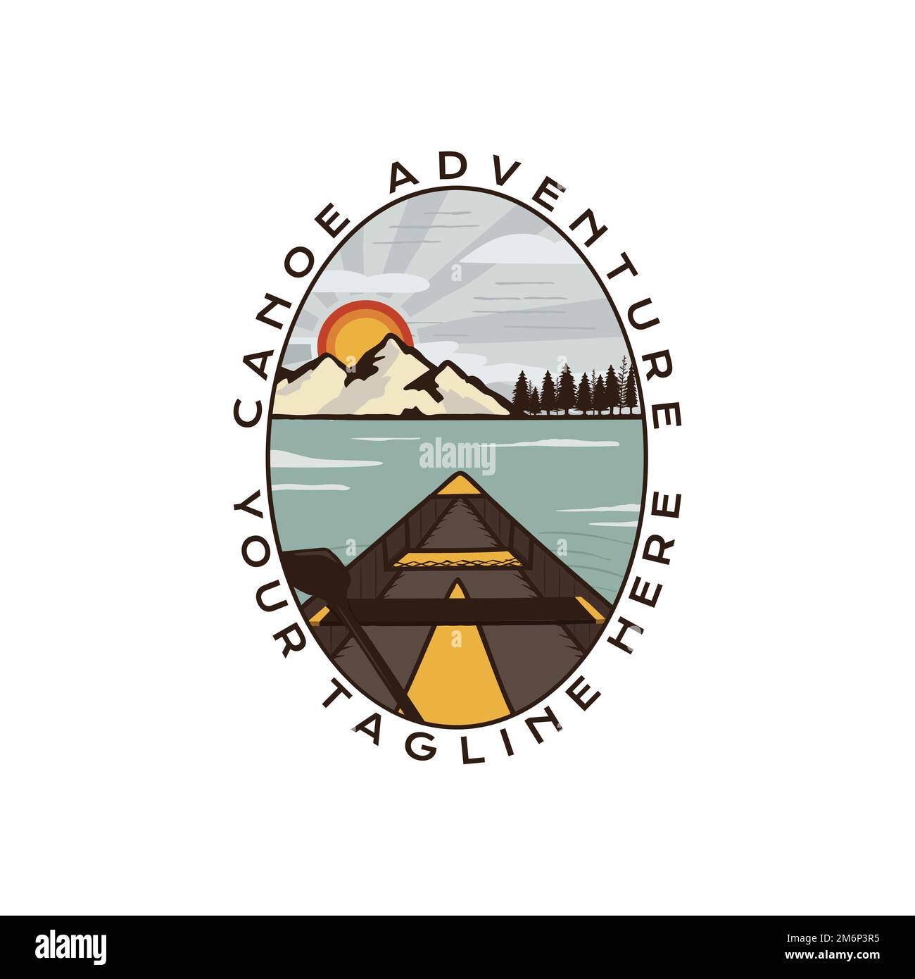 Canoe Adventure badge design with mountains and lake. Travel logo ...