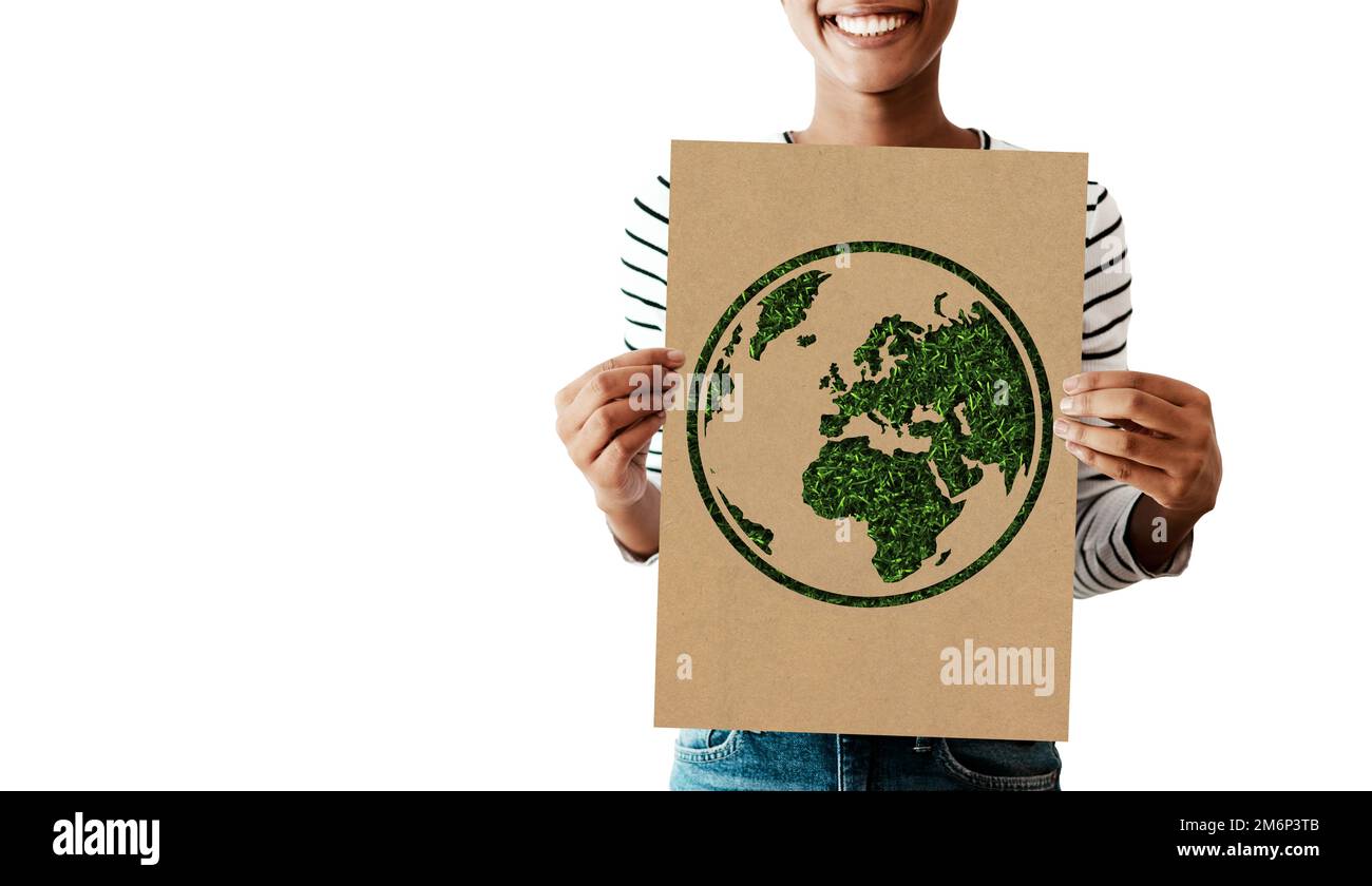 Woman, climate change or cardboard world poster on white background or ...