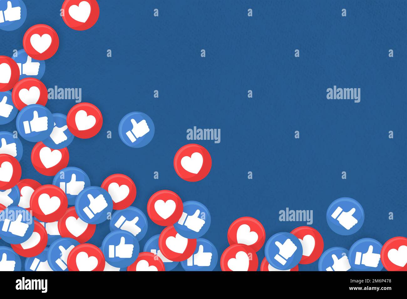 Social media thumbs up and heart icons border on blue background vector ...