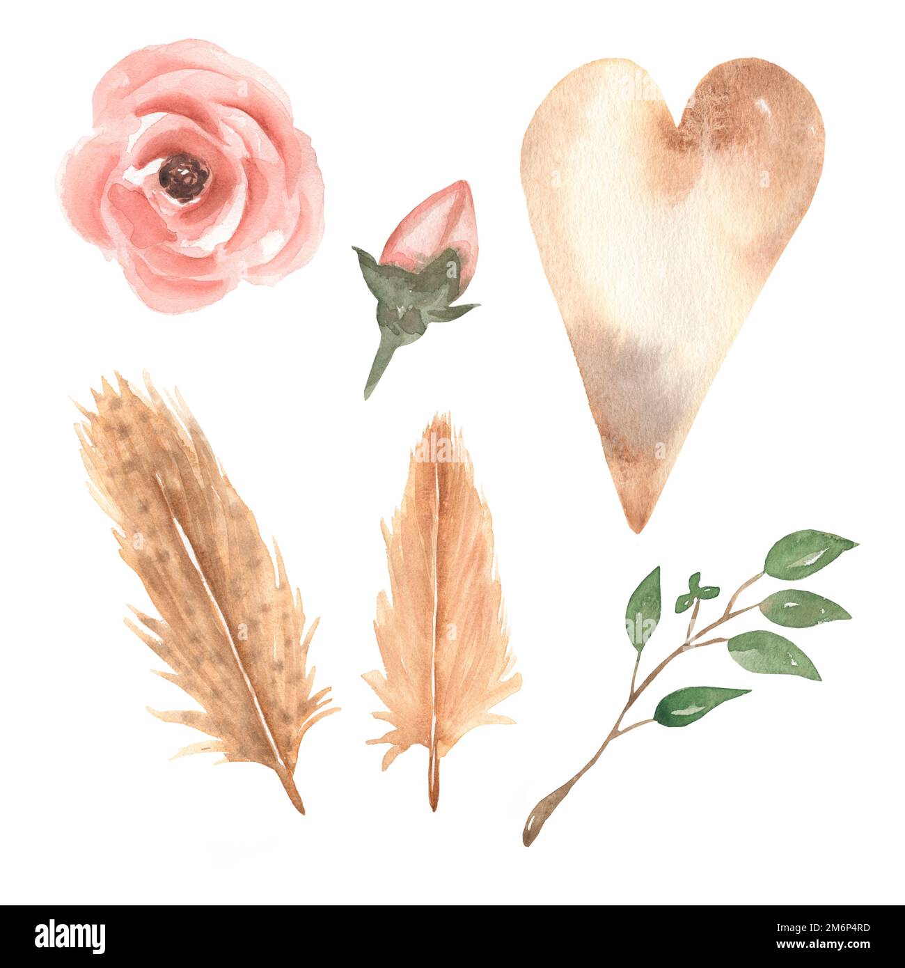 Set of hand painted watercolor brown beige heart, dirty pink rose and ...