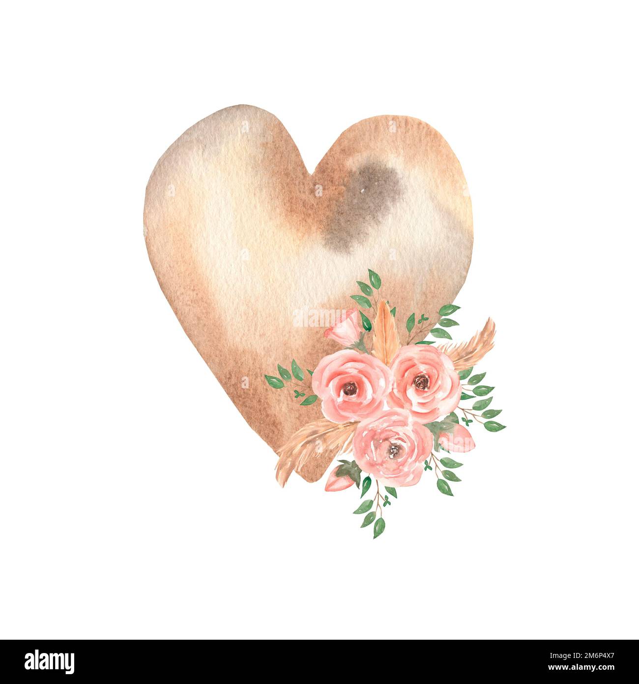 Hand drawn isolated neutral color heart with watercolor soft pink and ...
