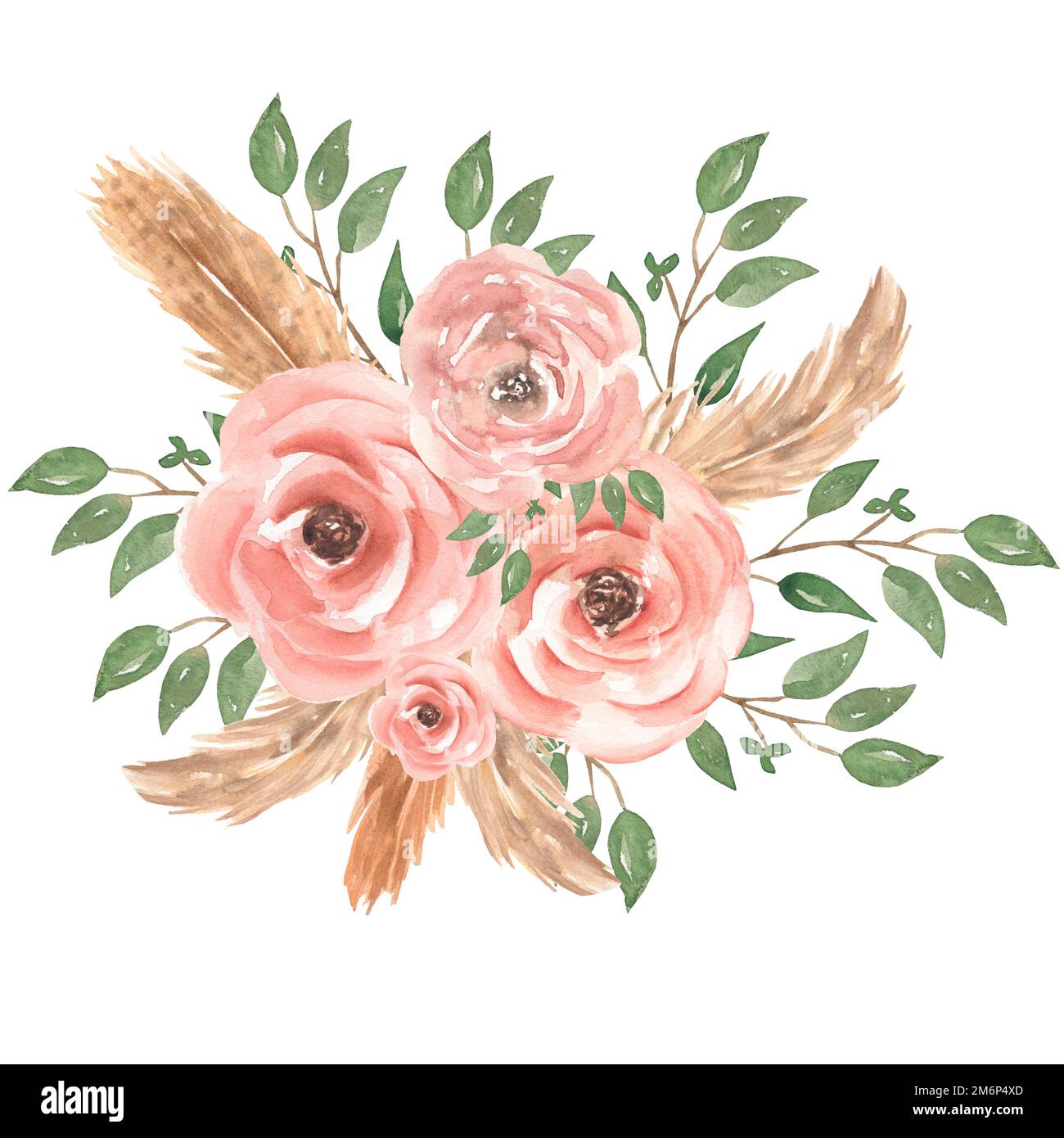 Watercolor Hand Drawn Pink Roses Flower Bouquet Illustration With Green