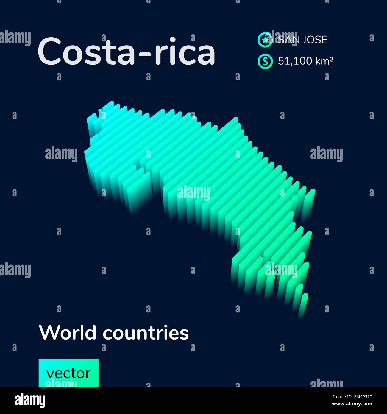 Costa-rica 3D map. Stylized neon simple digital isometric striped ...