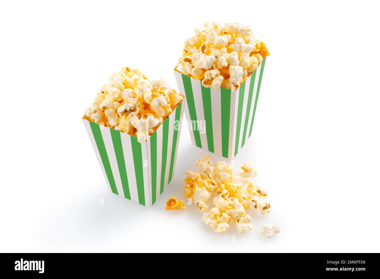 Two green white striped carton buckets with tasty cheese popcorn ...