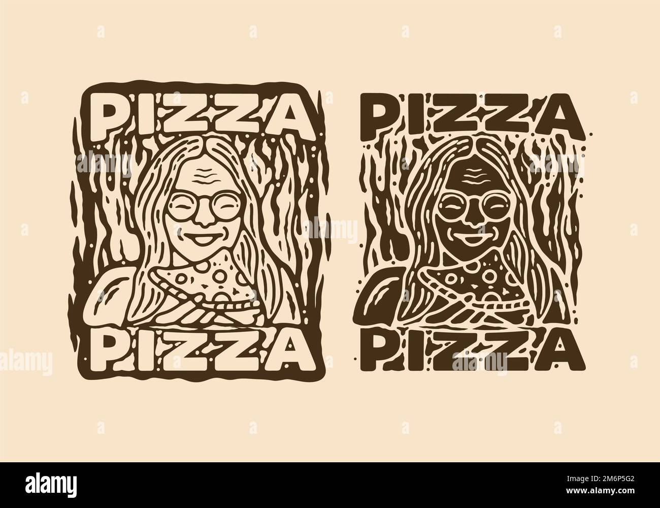 Vintage art illustration drawing of Woman eating pizza Stock Vector ...