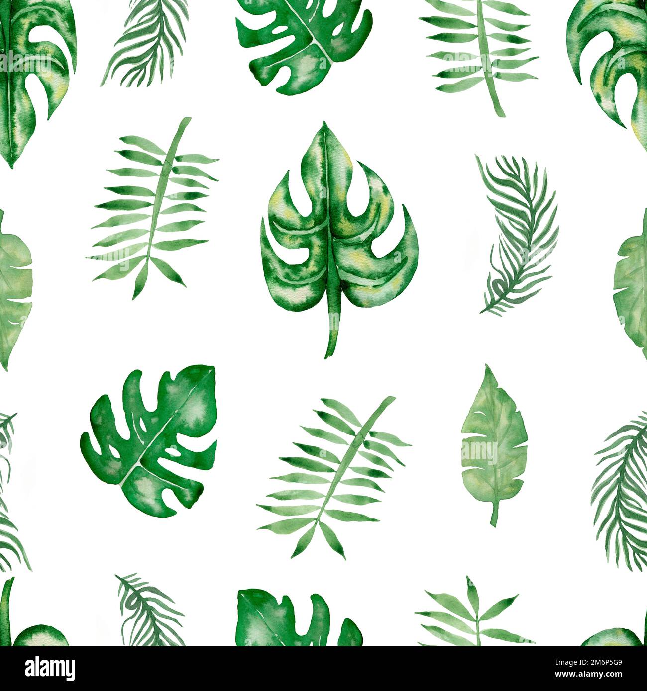 Tropical leaves seamless pattern, Watercolor monstera and palm leaf ...