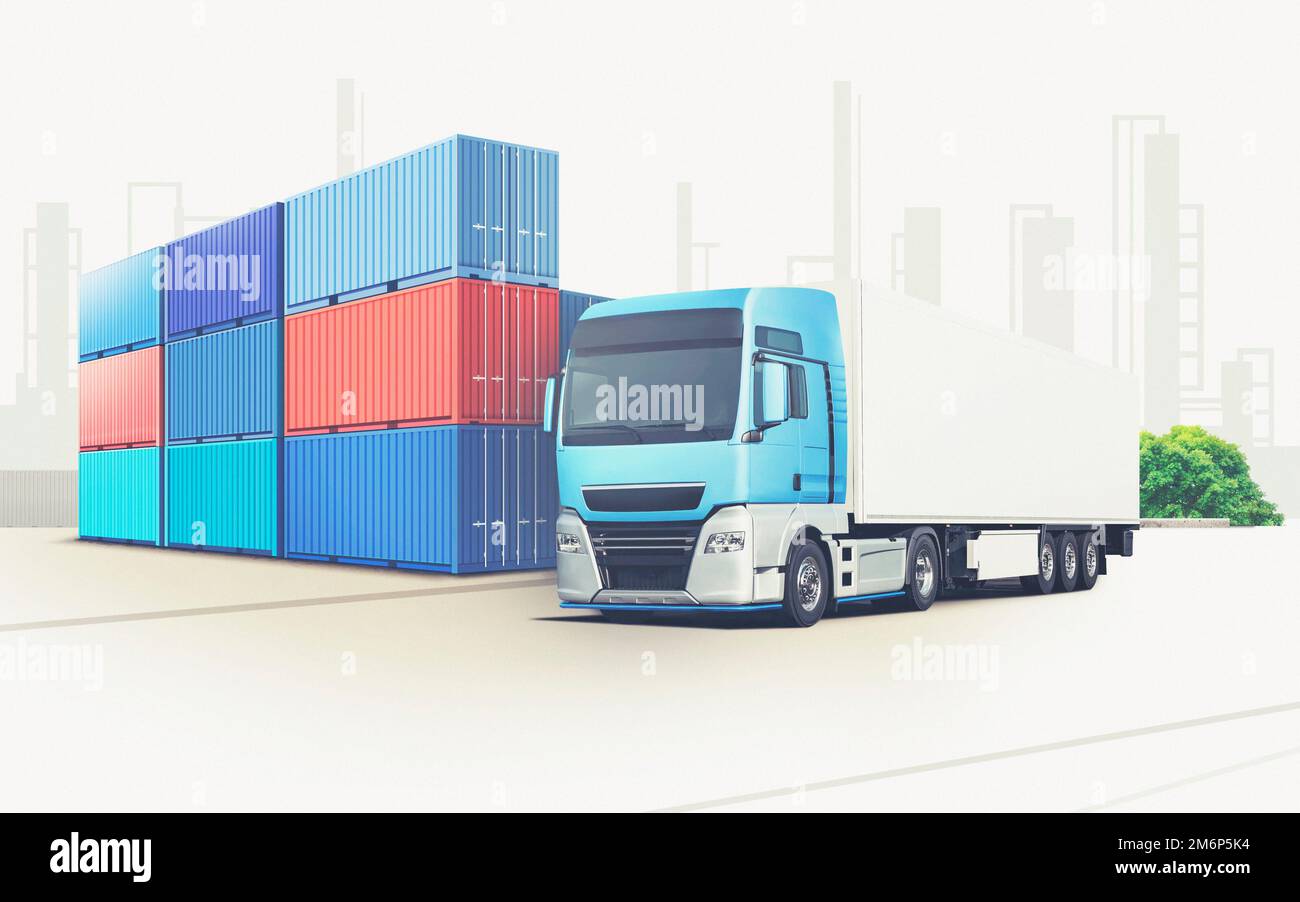 Сontainer use in transport by cargo ship and truck trailer with truck ...
