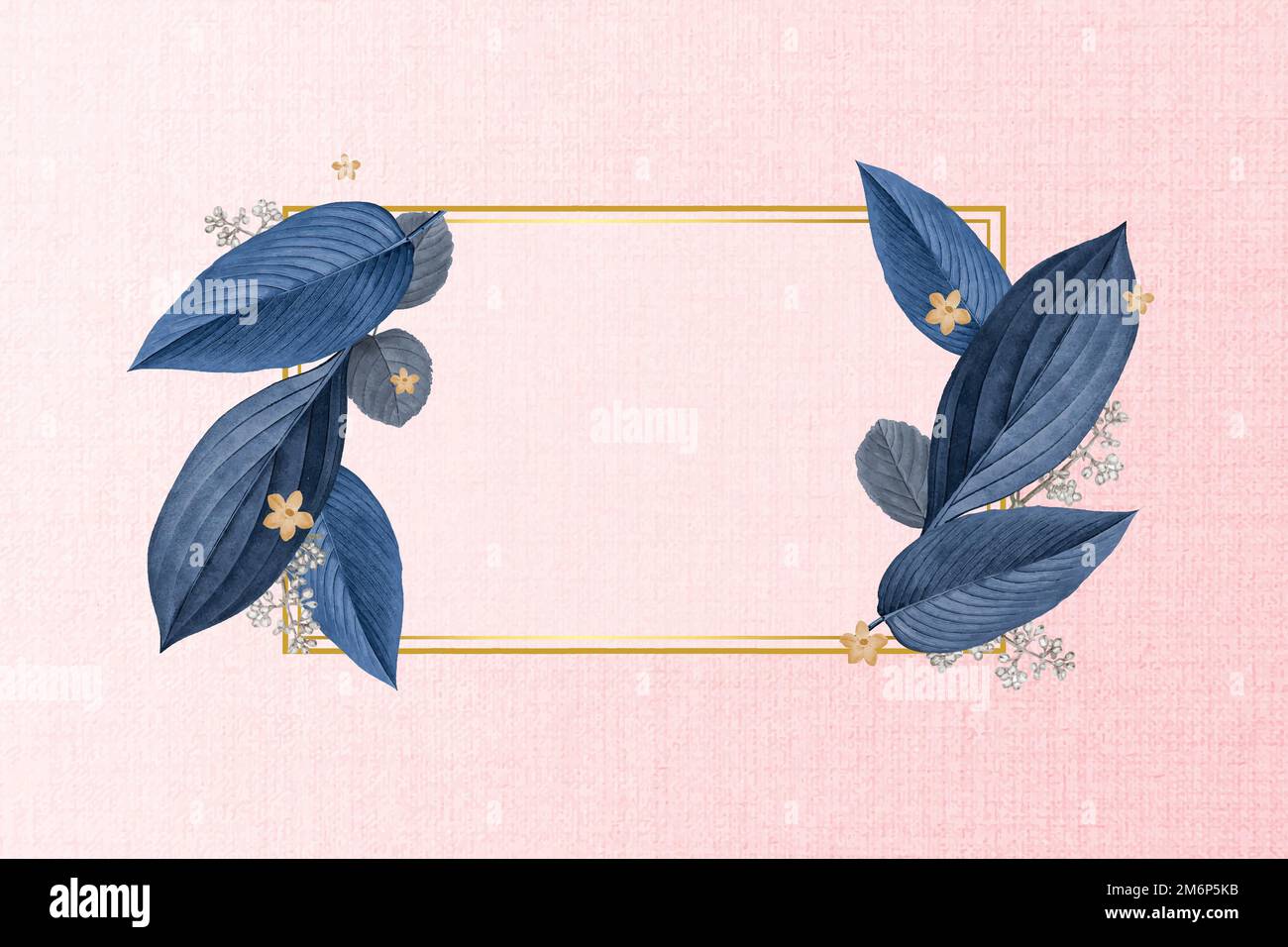 Gold rectangle frame decorated with blue leaves on a pink background ...