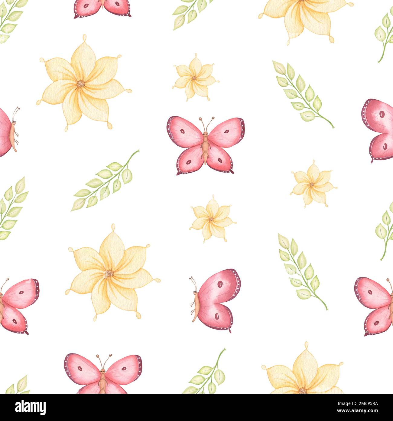 Seamless spring pattern yellow flowers, green leaves and flying ...