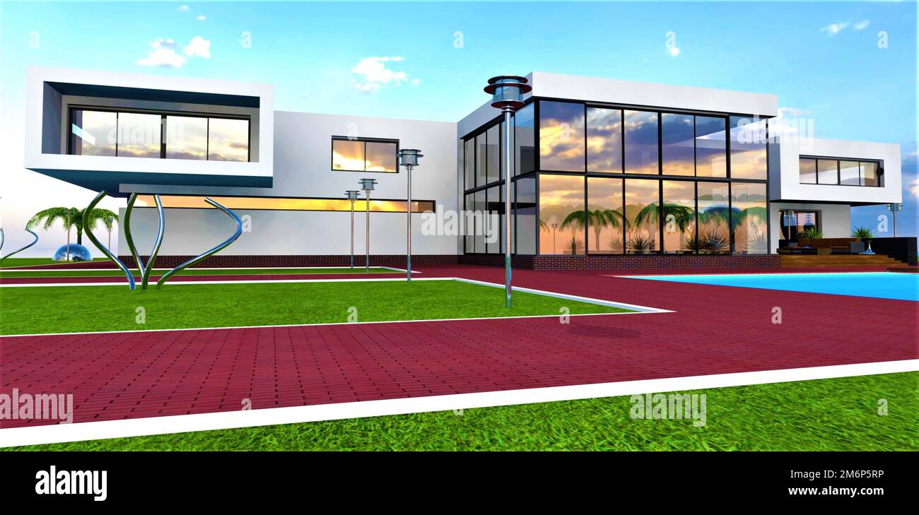 Individual design of a country elite estate. White facade and glass ...