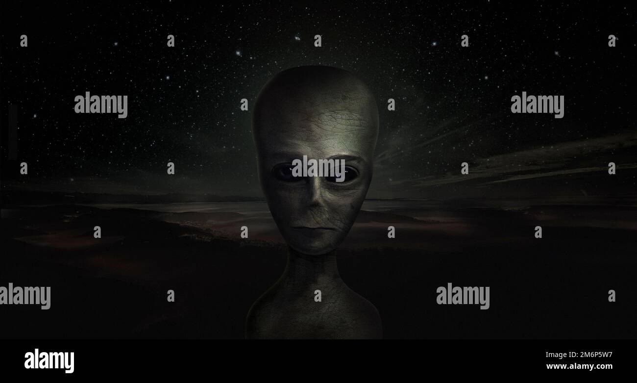 Alien, 3d illustration, UFO, zone 51. 3d realistic alien psychedelics ...