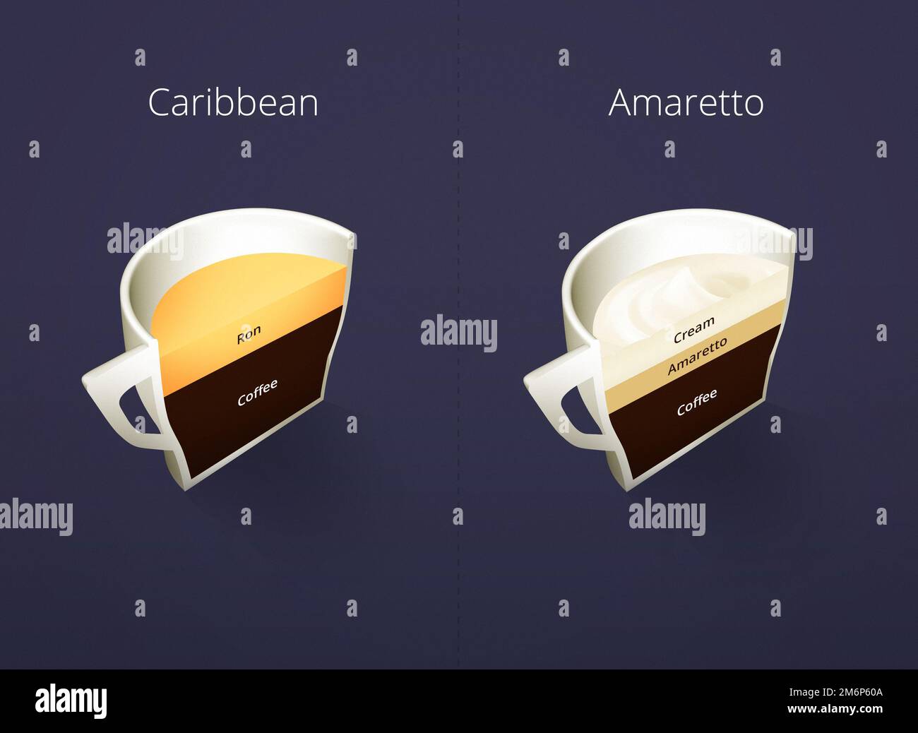 Illustration of isometric cups of coffee in a cut. Caribbean, Amaretto ...