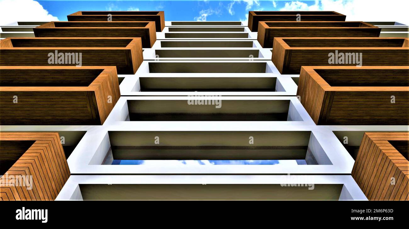 Newly built multi-family house. View from below on the background of ...