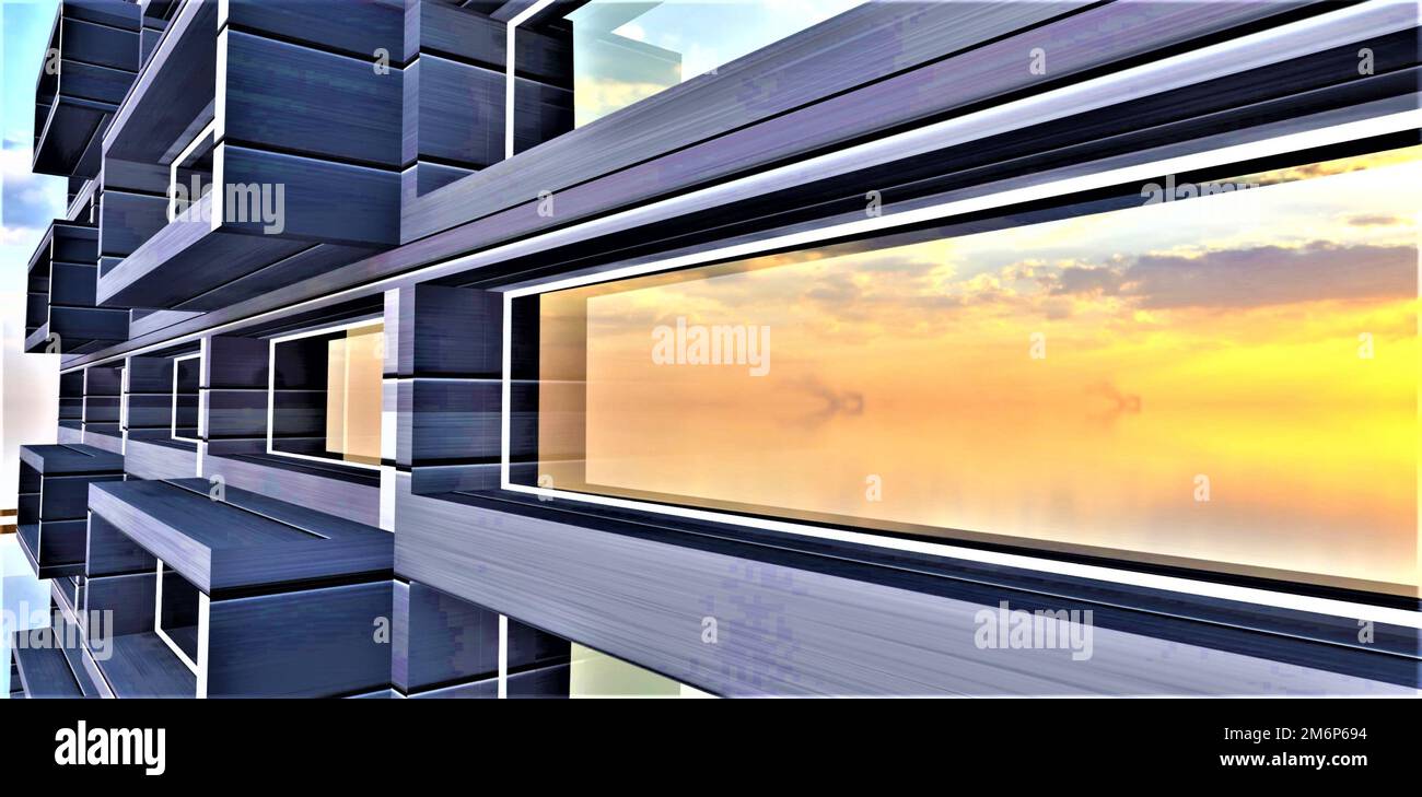 The sunset over the sea is reflected in the windows of a newly built ...