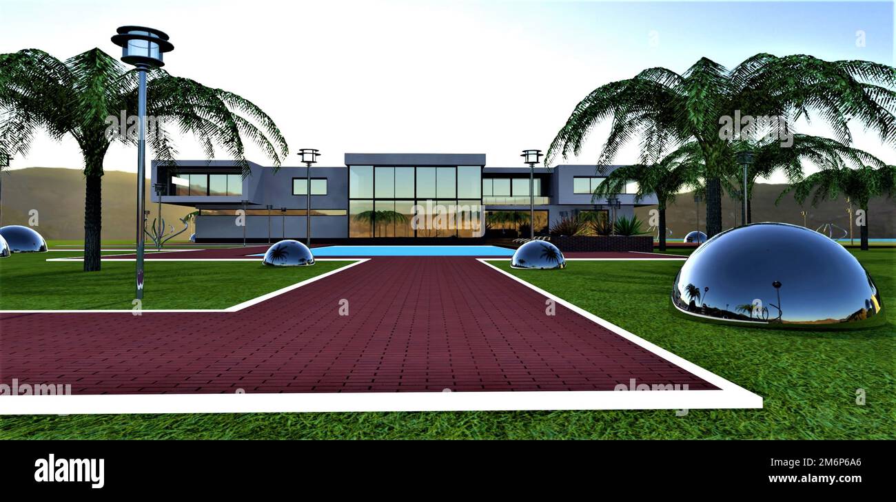 Futuristic estate in a mountain valley at sunrise among palm trees. Red ...