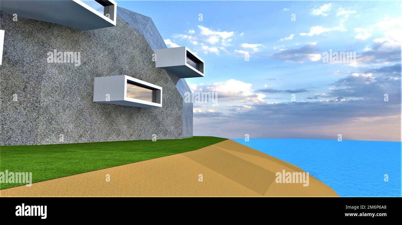 The concept of a futuristic housing built inside a granite rock on a ...