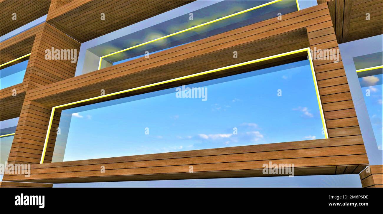 Wooden frame around the panoramic window reflecting blue sky. Good idea ...
