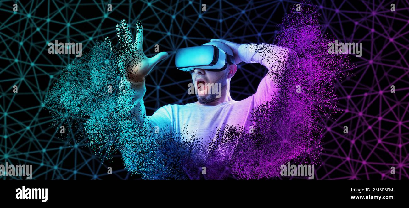 Web banner of metaverse. Portrait of amazement disappearing bald and ...