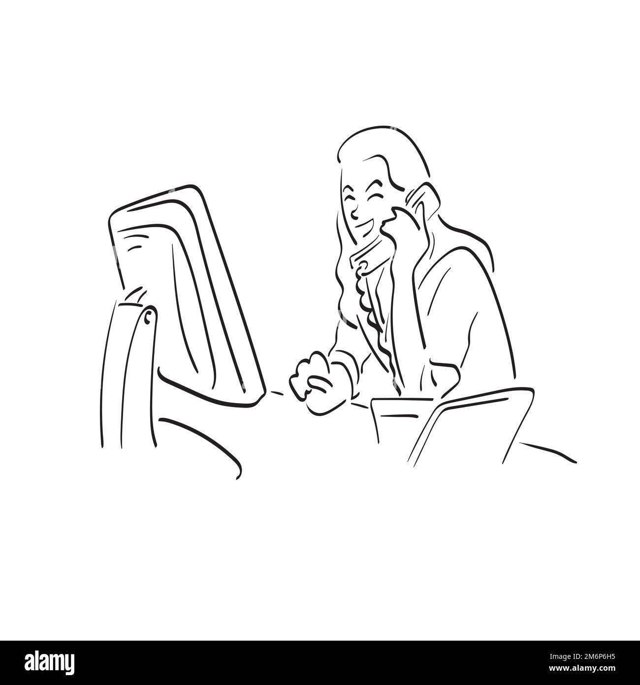 secretary working with computer and telephone illustration vector hand ...